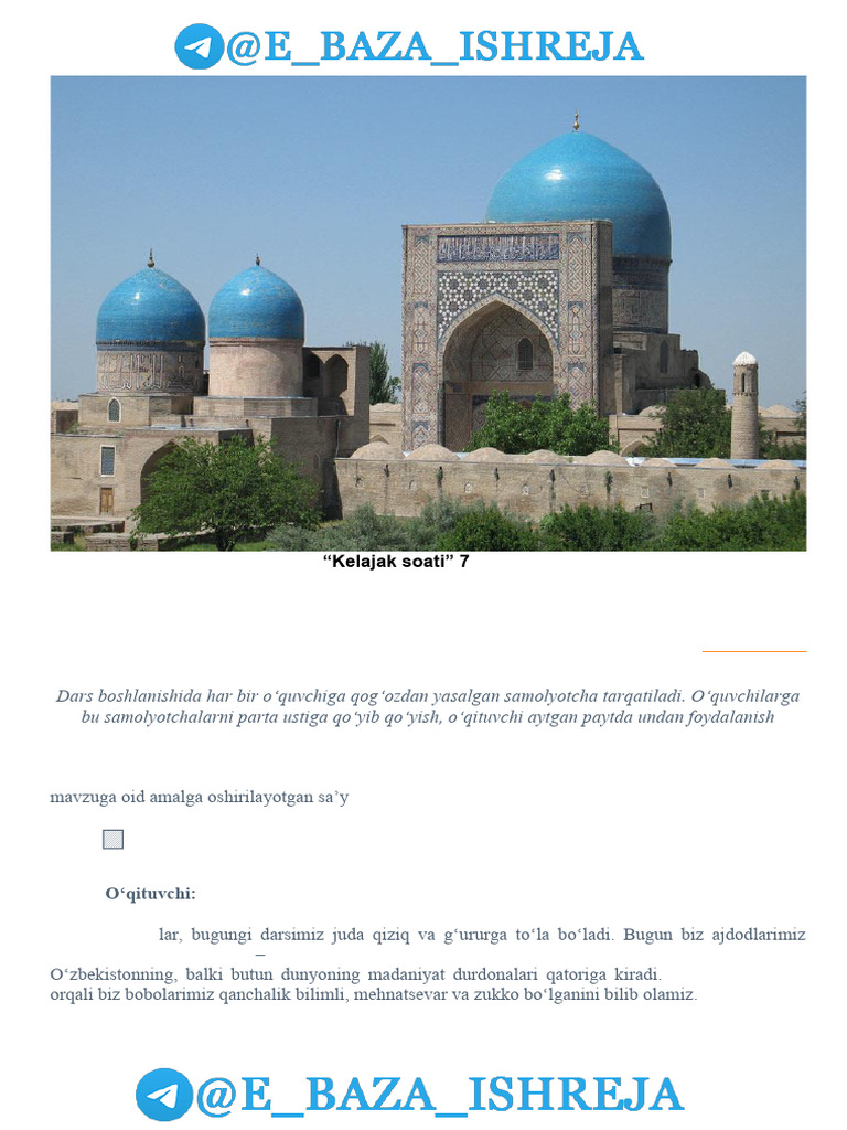 1-4-Sinf Kelajak Soati 7-Dars@e - Baza - Ishreja | PDF