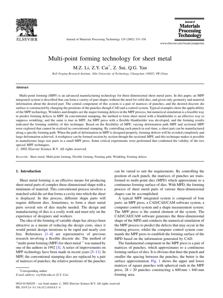 Multi-Point Forming Technology For Sheet Metal: M.Z. Li, Z.Y. Cai, Z ...