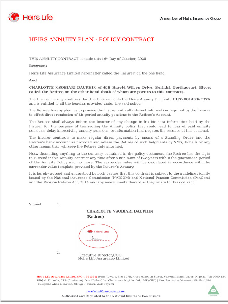 Heirs Annuity Plan Policy Contract | PDF | Life Annuity | Insurance
