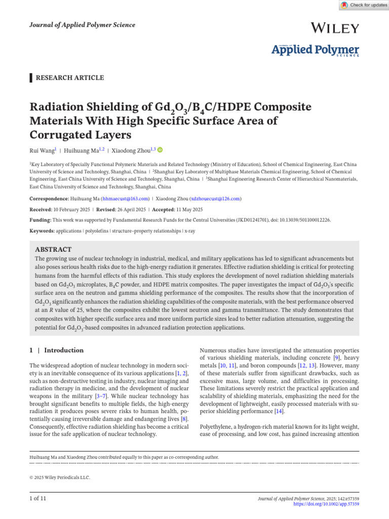J of Applied Polymer Sci - 2025 - Wang - Radiation Shielding of Gd2O3 ...