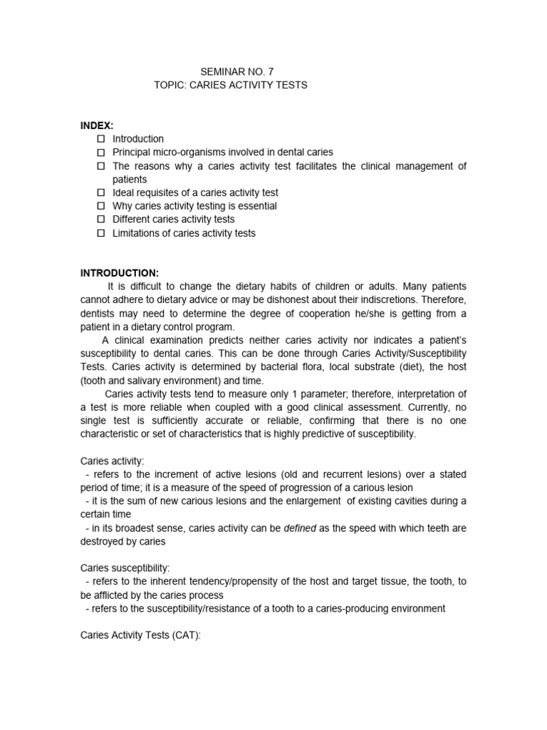 Caries Activity Tests: Overview and Methods | PDF