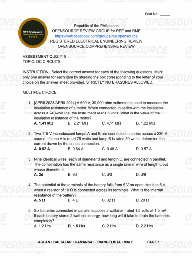 DC Circuits Assessment Quiz for EE Students | PDF | Resistor | Series ...