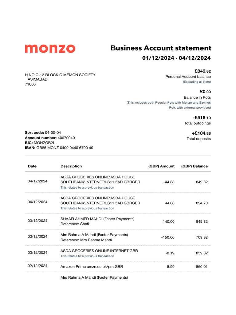 Monzo Bank Statement 2025 | PDF | Deposit Account | Money