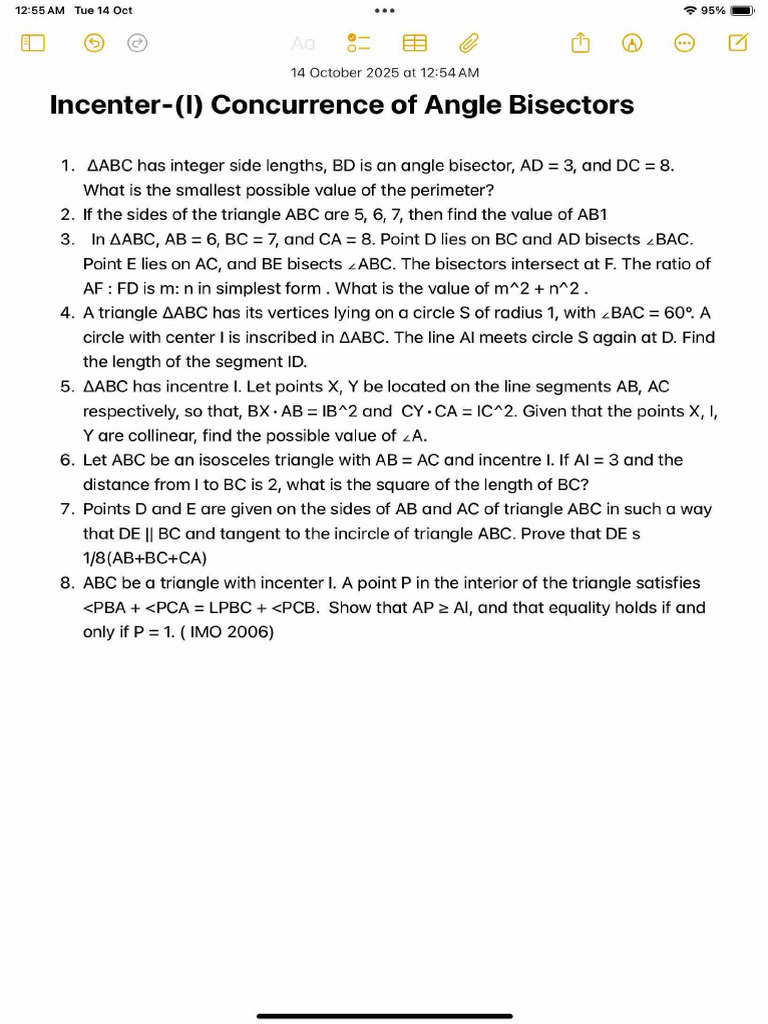 Incenter Excercise 14th Oct 2025 | PDF