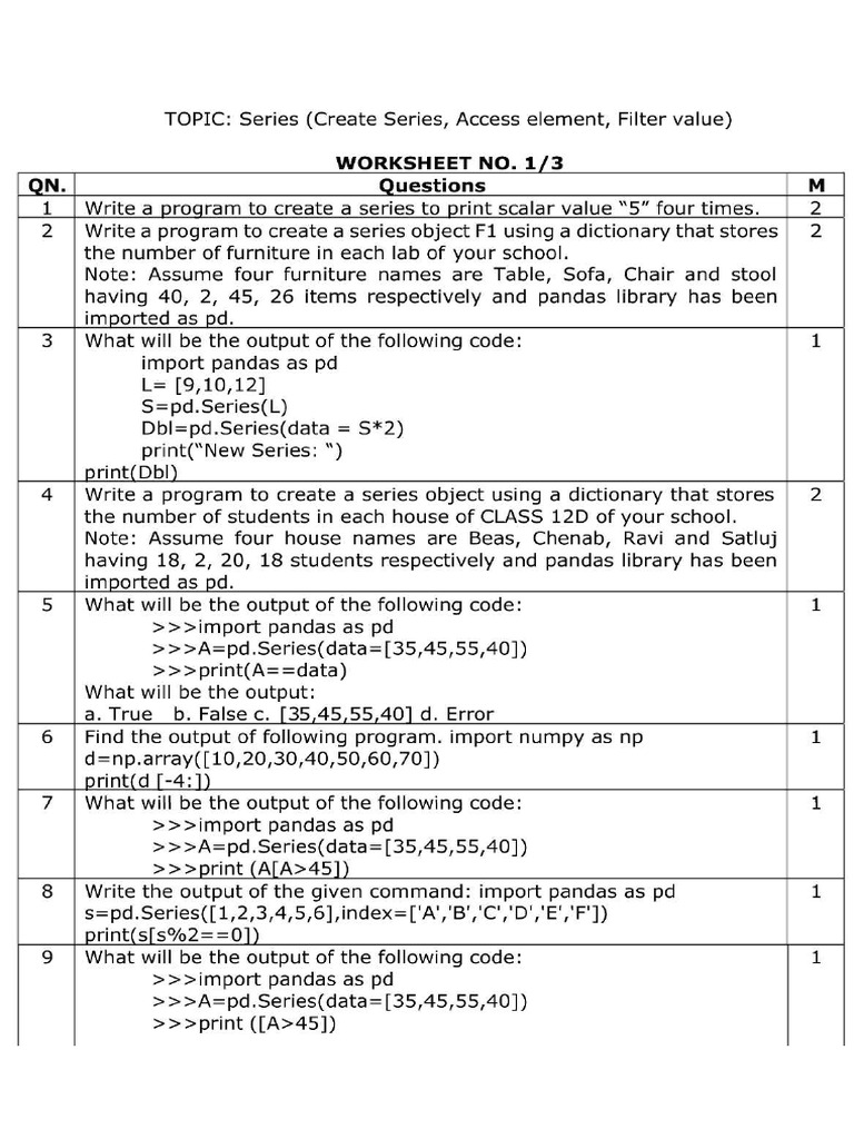 Class XII Informatics Practices Worksheets PDF Array Data Structure Computer Data | PDF
