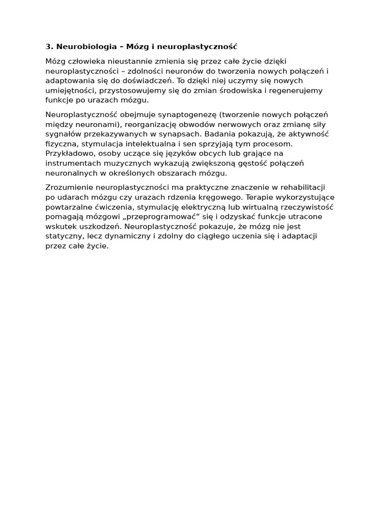 Neurobiologia - Mózg I Neuroplastyczność | PDF