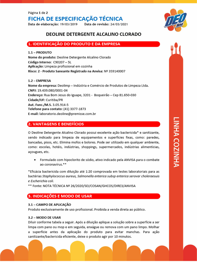 Detergente Alcalino Clorado Deoline 5L | PDF | Química | Substancias ...