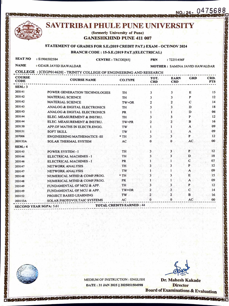 BE All Yr Marksheet | PDF | Engineering | Electronics