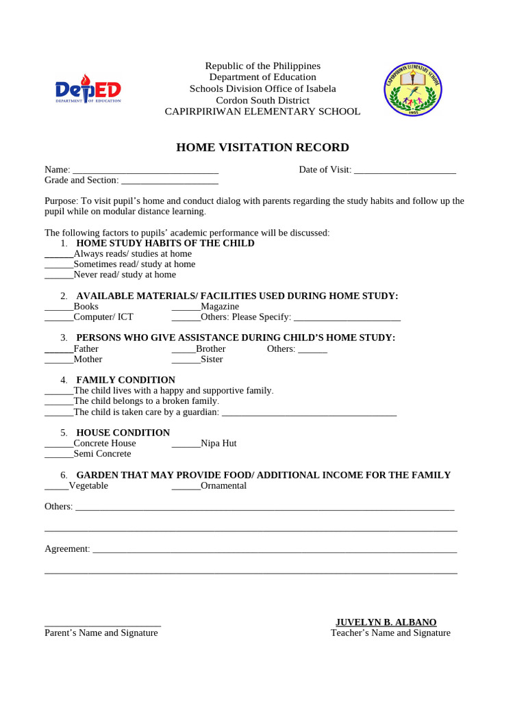 Home Visitation Record for Students | PDF
