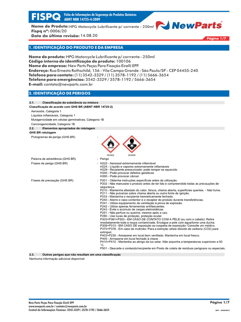 Ficha de Segurança HPG Lubrificante 250ml | PDF | Toxicidade | Câncer