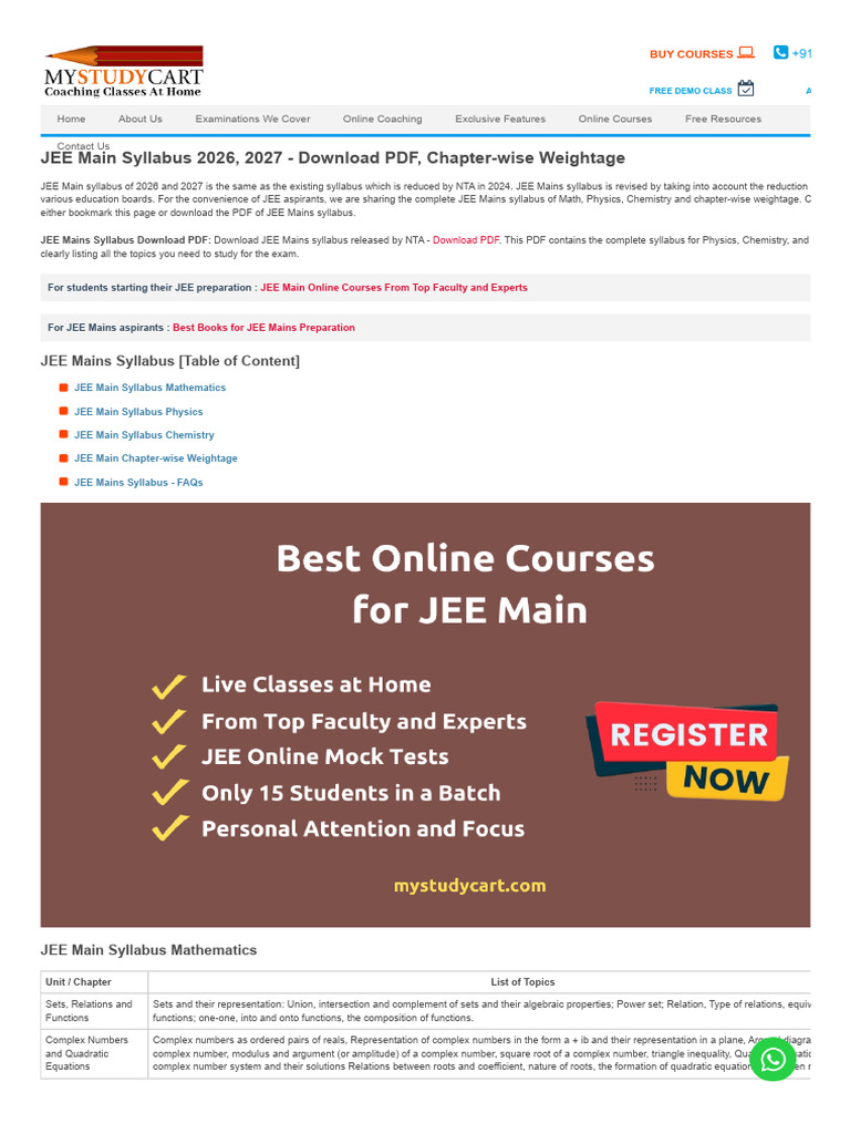 JEE Mains Syllabus 2026, 2027 - Download PDF, Chapter-Wise Weightage ...