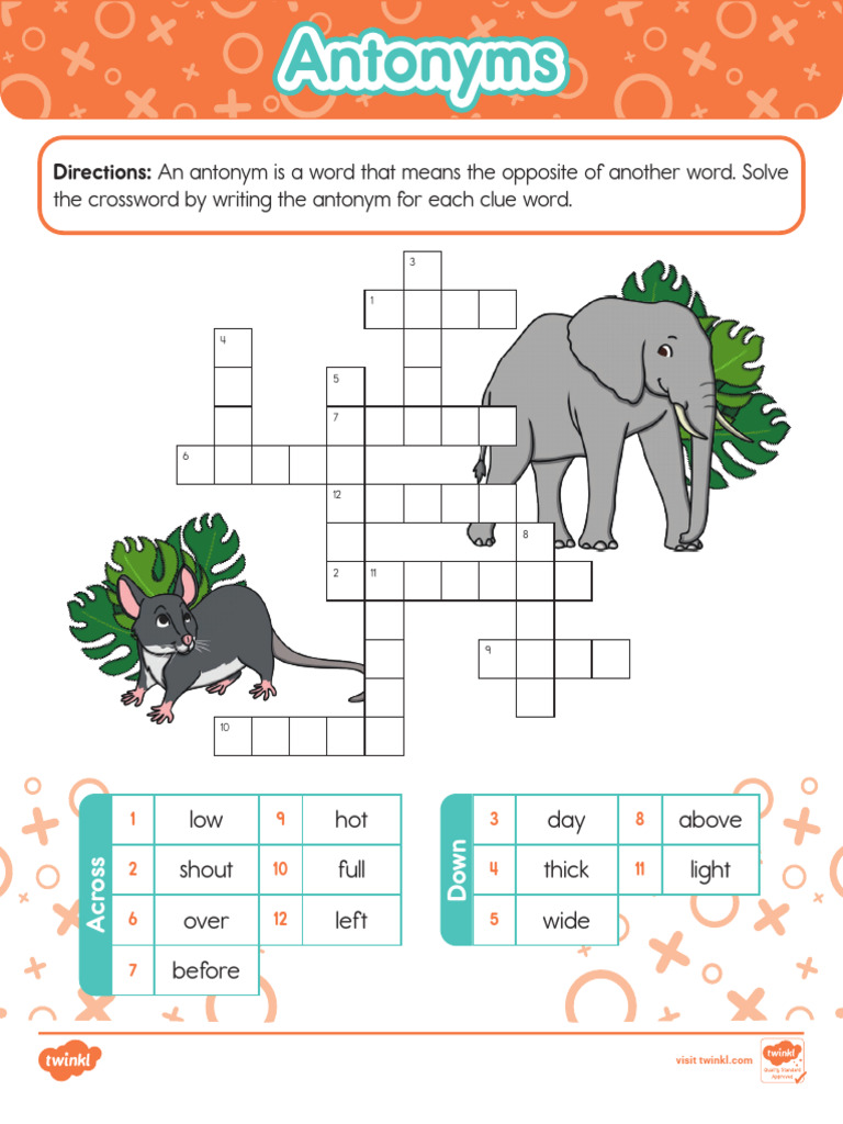 Color Second Grade Antonyms Crossword | PDF