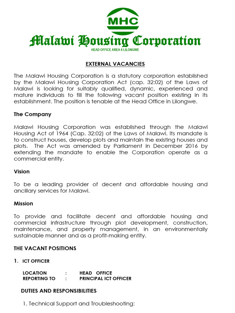 Malawi Housing Corporation Job Vacancies | PDF | Leasehold Estate ...
