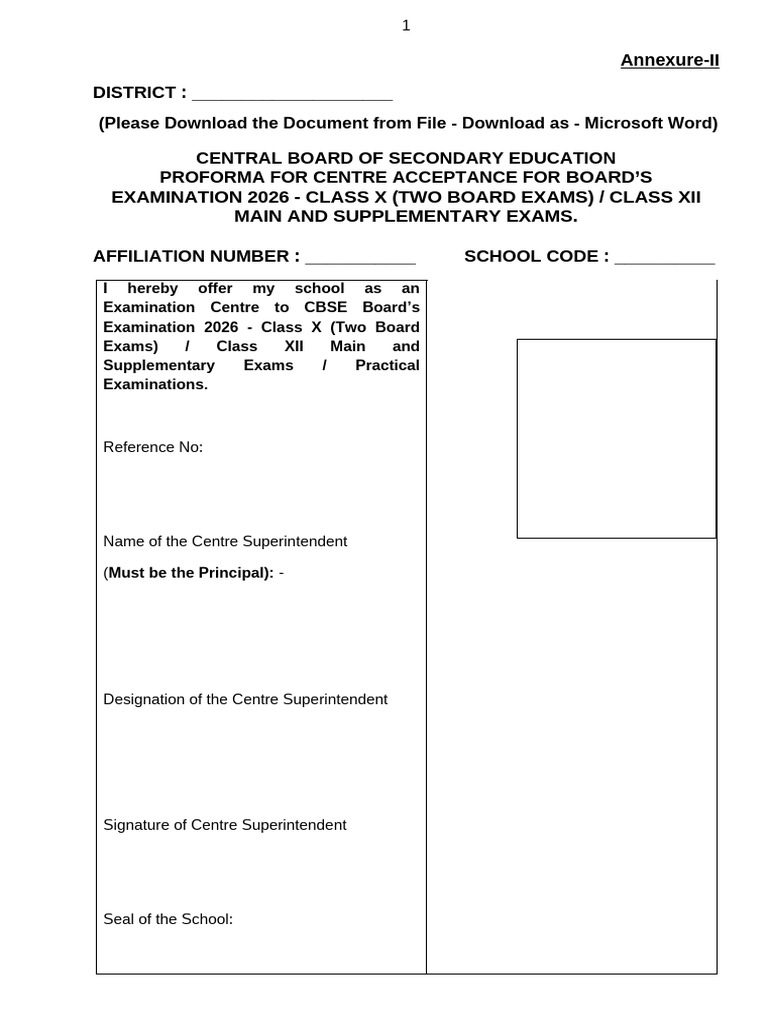 Annexure II - Proforma For Boards Examination Centre Acceptance For Main Supplementary ...