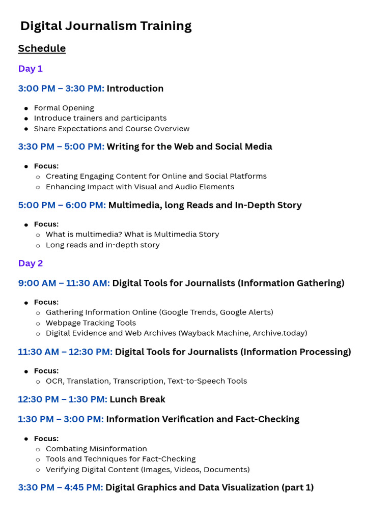 Digital Journalism Training Schedule | PDF