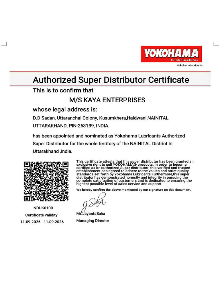 Authorized Super Distributor Certificate - Kaya Enterprises | PDF