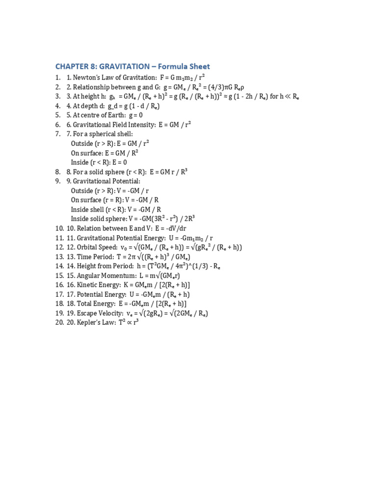 Gravitation Formula Sheet Summary | PDF
