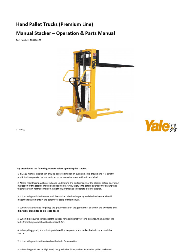 Manual Stacker Operation & Parts Guide | PDF | Valve | Piston