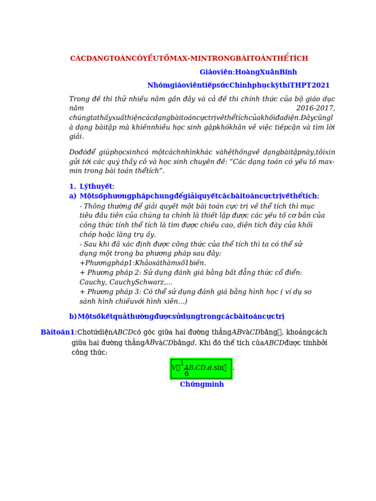 Cac Dang Toan Co Yeu To Max Min Trong Bai Toan The Tich | PDF