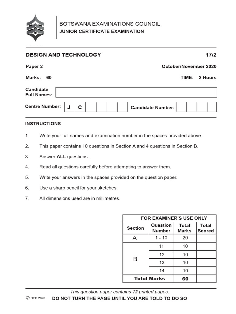 JCE Design and Technology Exam Paper | PDF
