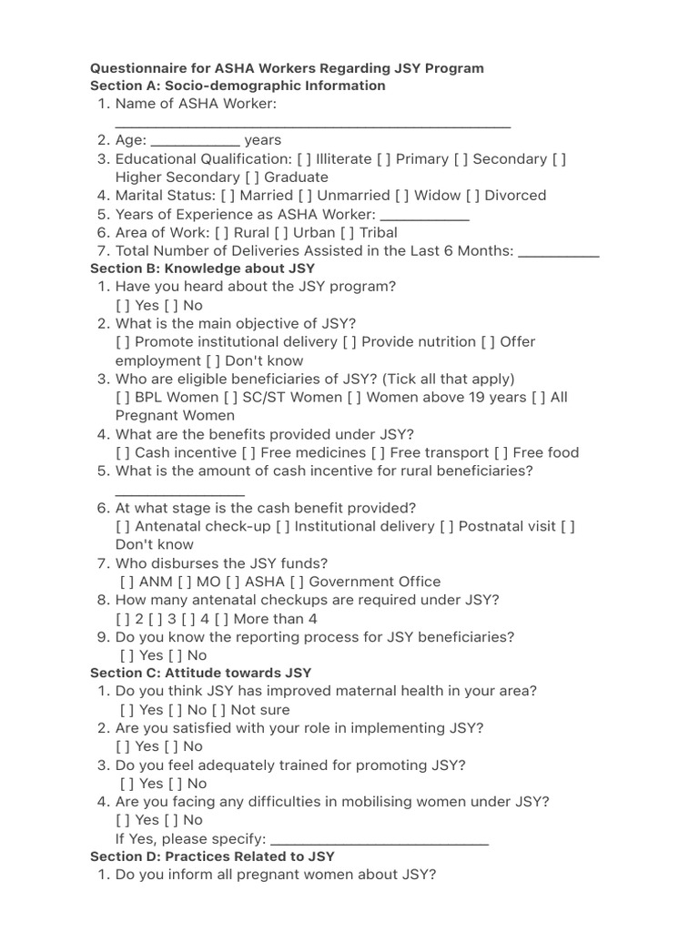 Questionnaire For ASHA Workers Regarding JSY Program | PDF | Pregnancy ...