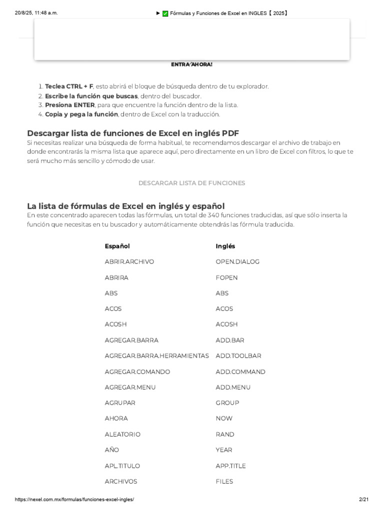 Fórmulas y Funciones de Excel en INGLES【 2025】 | PDF