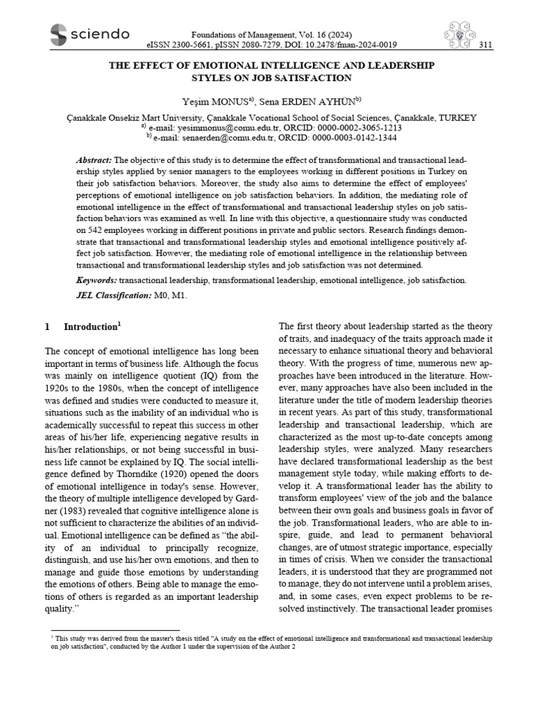 The Effect of Emotional Intelligence and Leadershipstyles On Job Satisfaction | PDF | Leadership ...