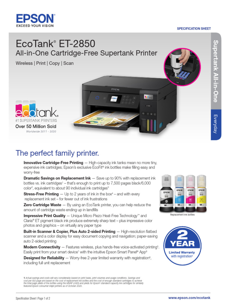 EcoTank ET-2850 Black Printer Specification Sheet CPD-60631R2 | PDF | Printer (Computing ...