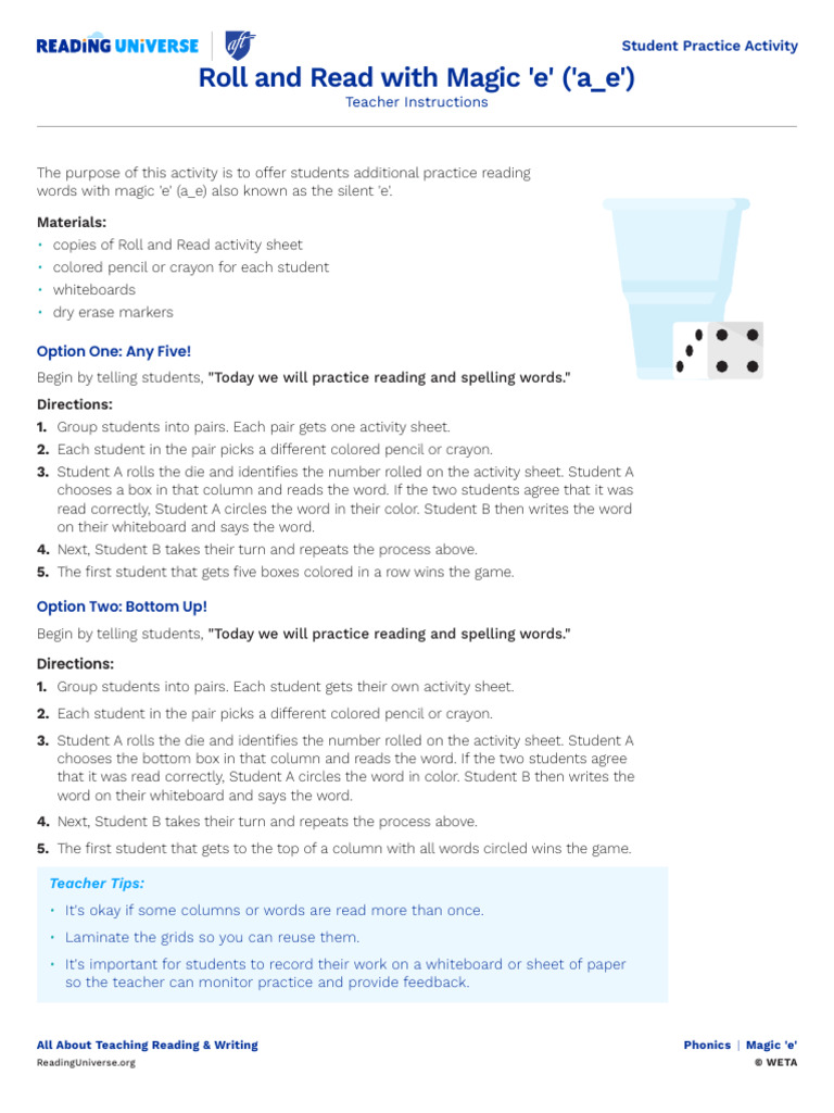 Magic 'e' Phonics Roll and Read Activity | PDF