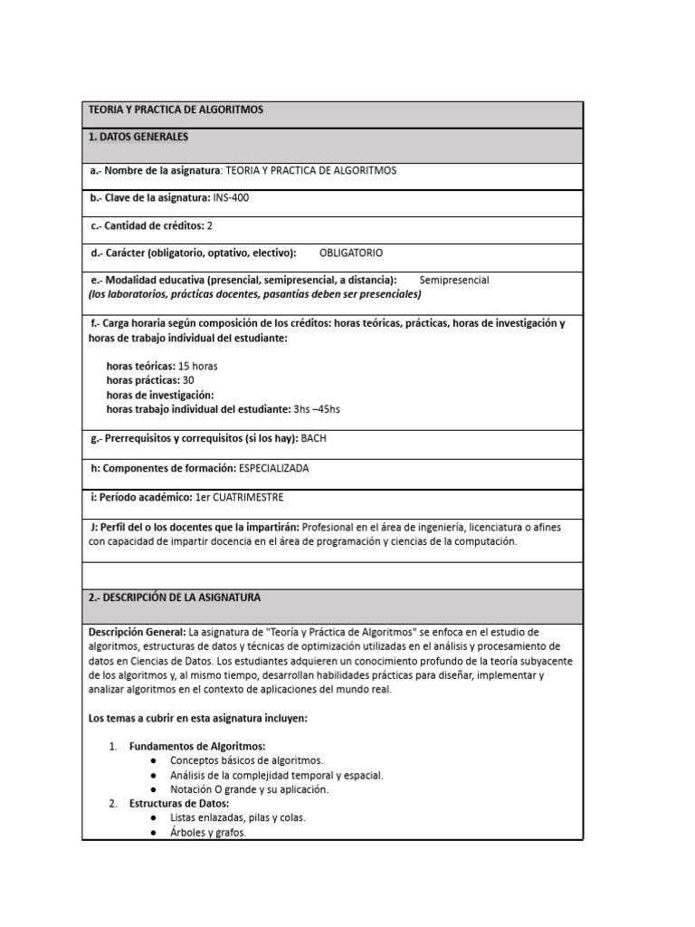 Teoria y Practica de Algoritmos - Programa Asignatura | PDF | Análisis | Algoritmos