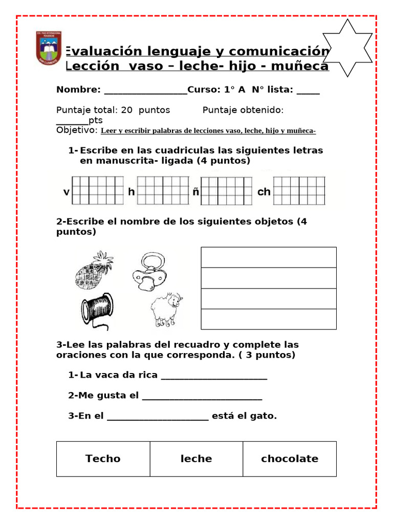 Evaluación de Lenguaje 1° A: Vocabulario y Escritura | PDF