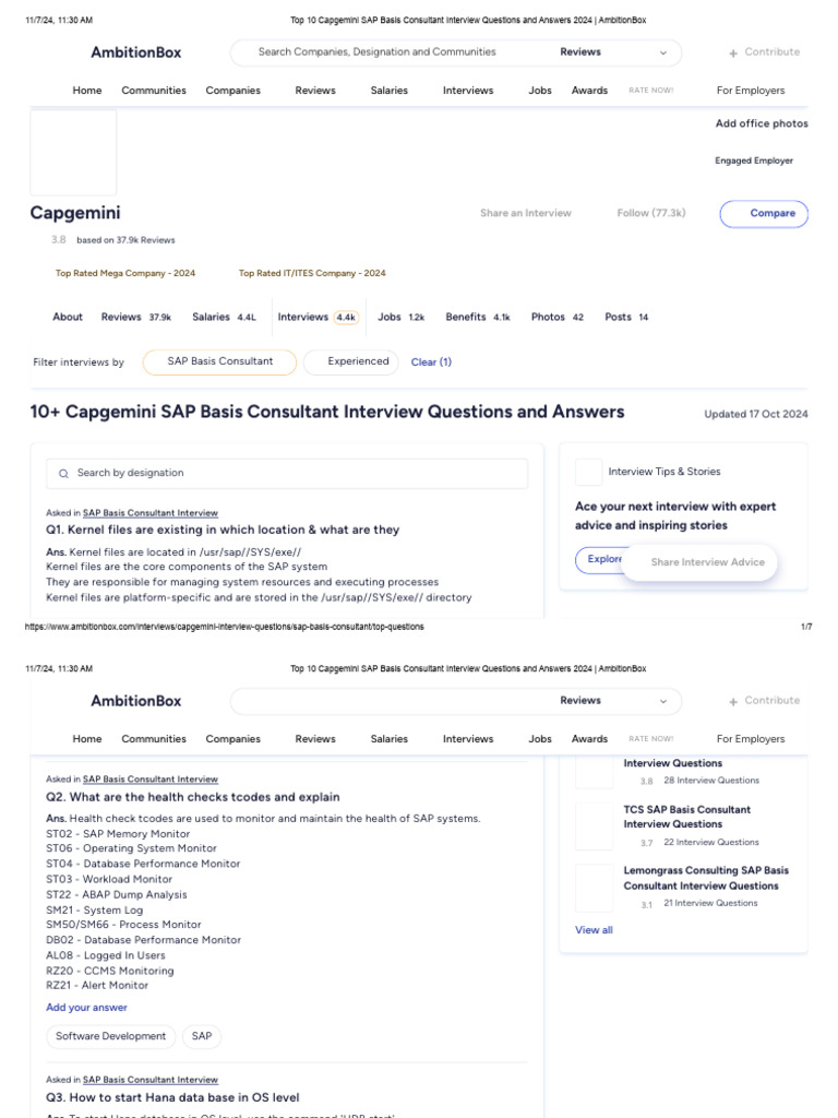 Top 10 Capgemini SAP Basis Consultant Interview Questions and Answers 2024 - AmbitionBox | PDF ...