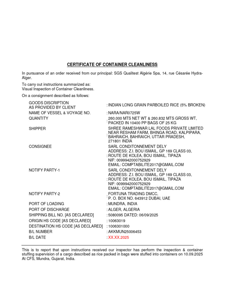 Container Cleanliness Certificate for Rice | PDF | Water Transport ...