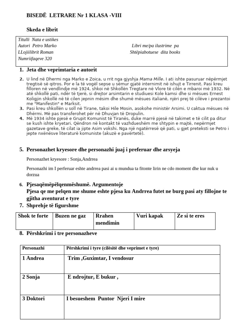 FORMAT BISEDE LETRARE KLASA VII Nata e Ustikes | PDF