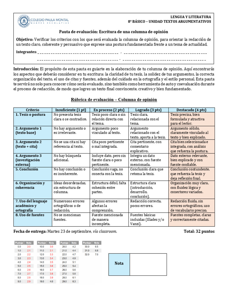 52 8VO - Pauta de Evaluación - Escritura de Una Columna de Opinión ...