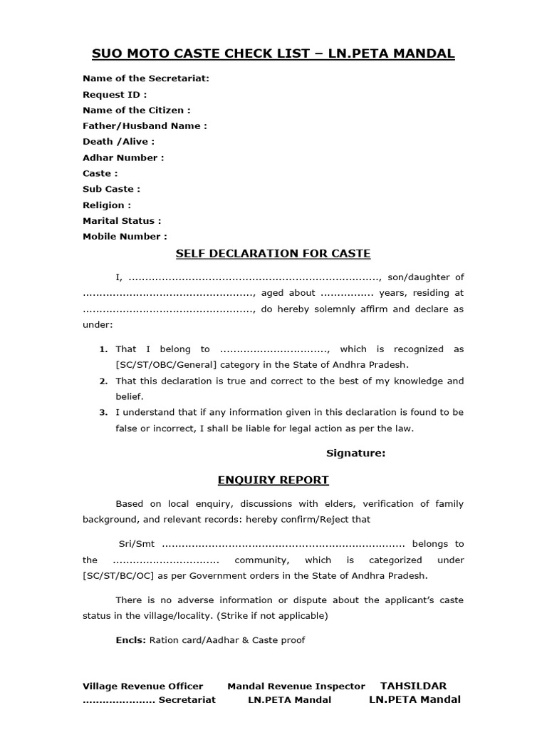 Caste Verification Checklist - LN Peta | PDF