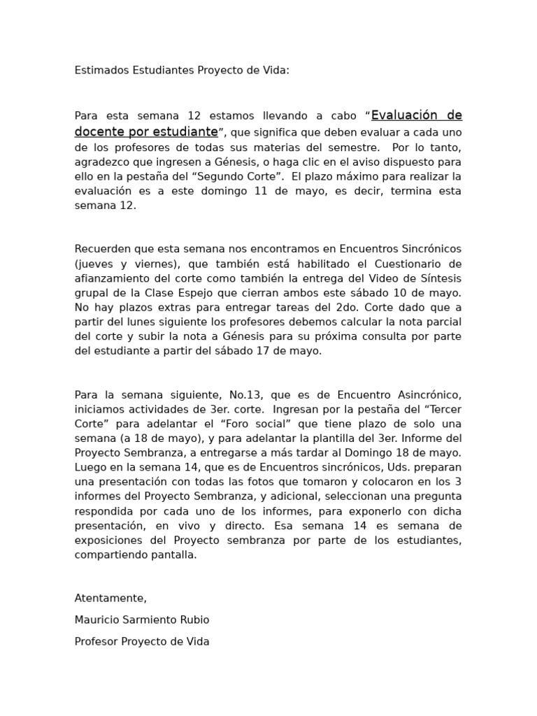 Comunicado Evaluacion Docente y Exposiciones Proyecto Sembranza | PDF