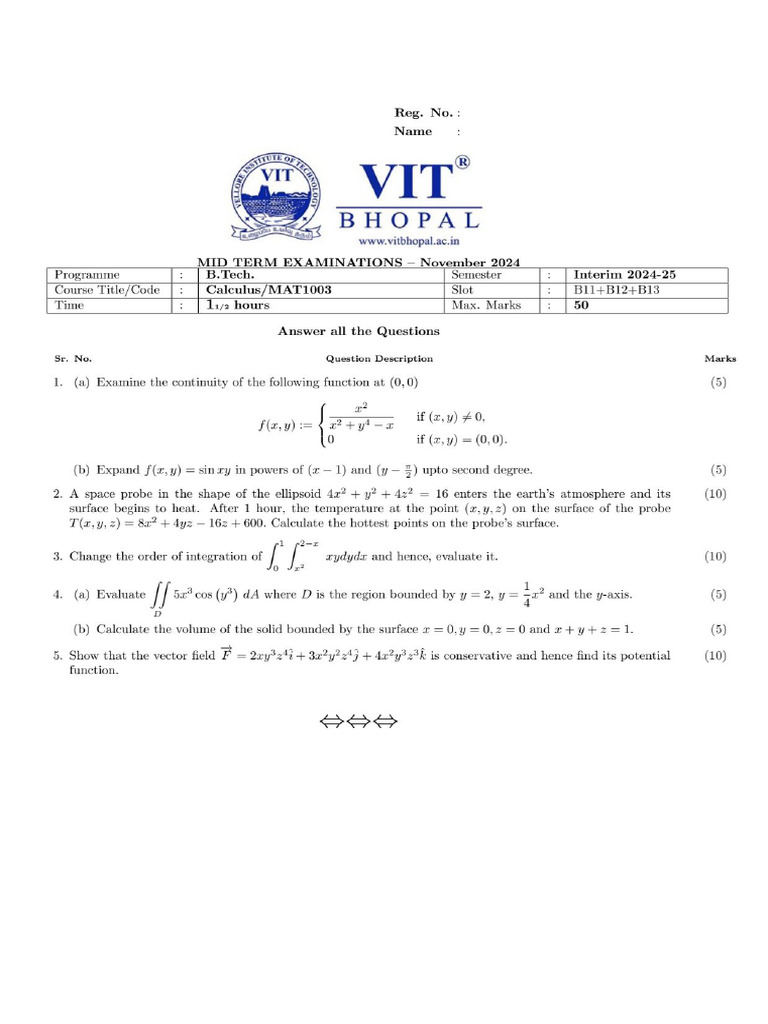 MAT1003 - Calculus Mid Sem Papers | PDF