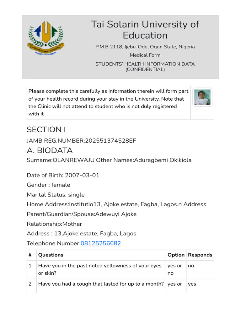 Tai Solarin University Health Form | PDF | Abdomen | Medical Specialties