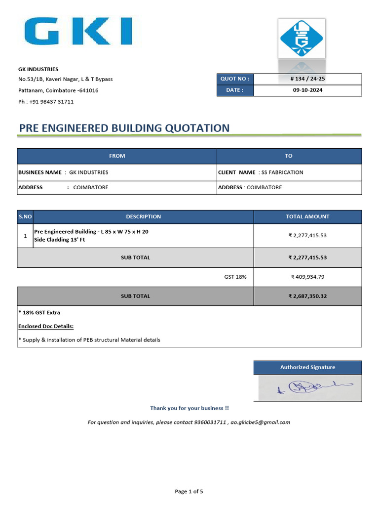 Pre Engineered Building Quotation: Quot No: Date | PDF | Screw | Roof
