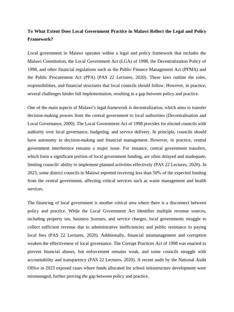 To What Extent Does Local Government Practice in Malawi Reflect The ...