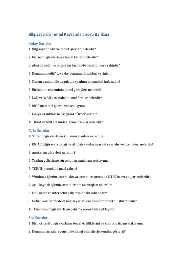 Bilgisayarda Temel Kavramlar Soru Bankasi | PDF