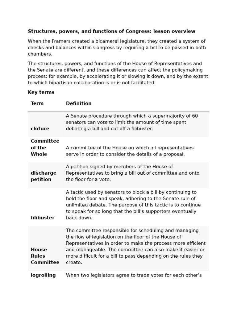 Congress: Structures and Functions Explained | PDF | United States ...