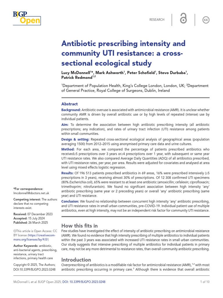 Antibiotic Prescribing Intensity and Community UTI Resistance - A Cross ...