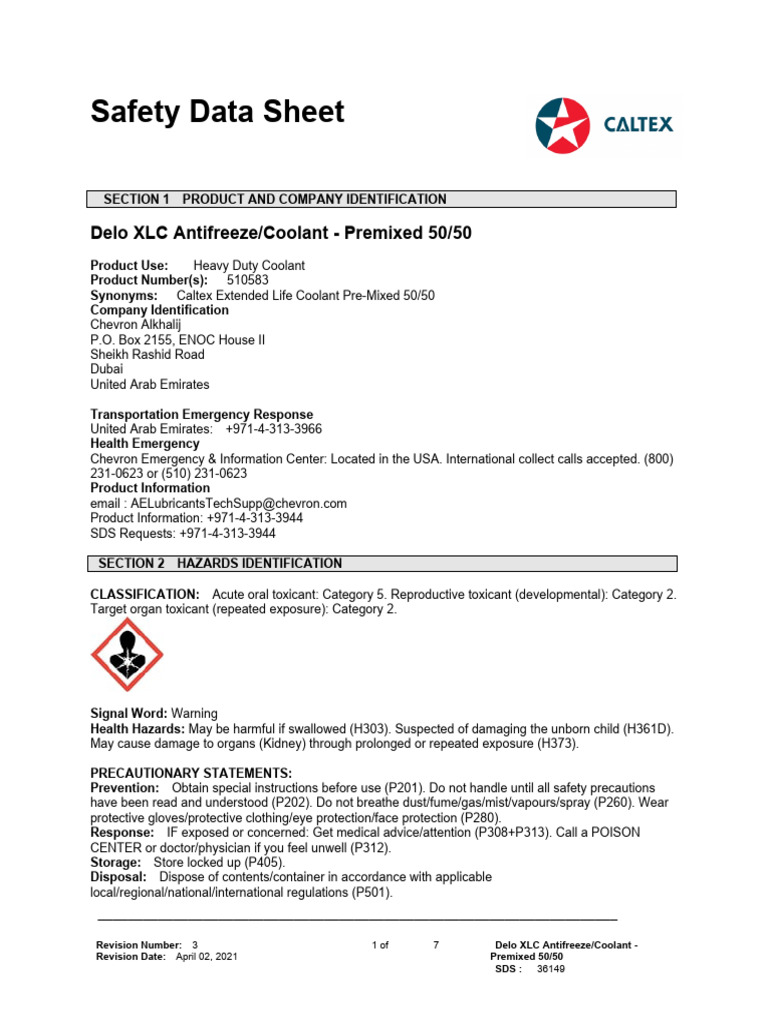Delo XLC Antifreeze Safety Data Sheet | PDF | Safety | Occupational ...