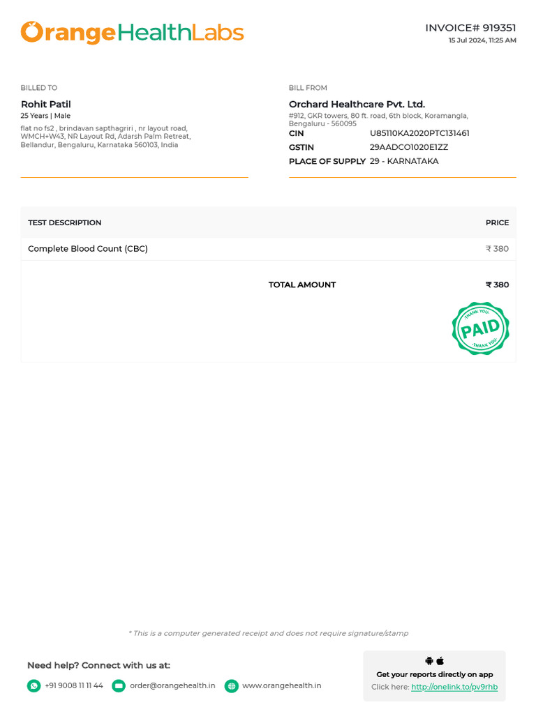Invoice for Blood Test - ₹380 | PDF
