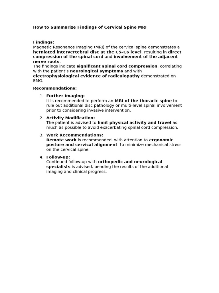 How To Summarize Findings of Cervical Spine MRI | PDF