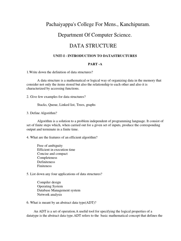 Pachaiyappa's College For Mens., Kanchipuram. Department of Computer Science. Data Structure ...