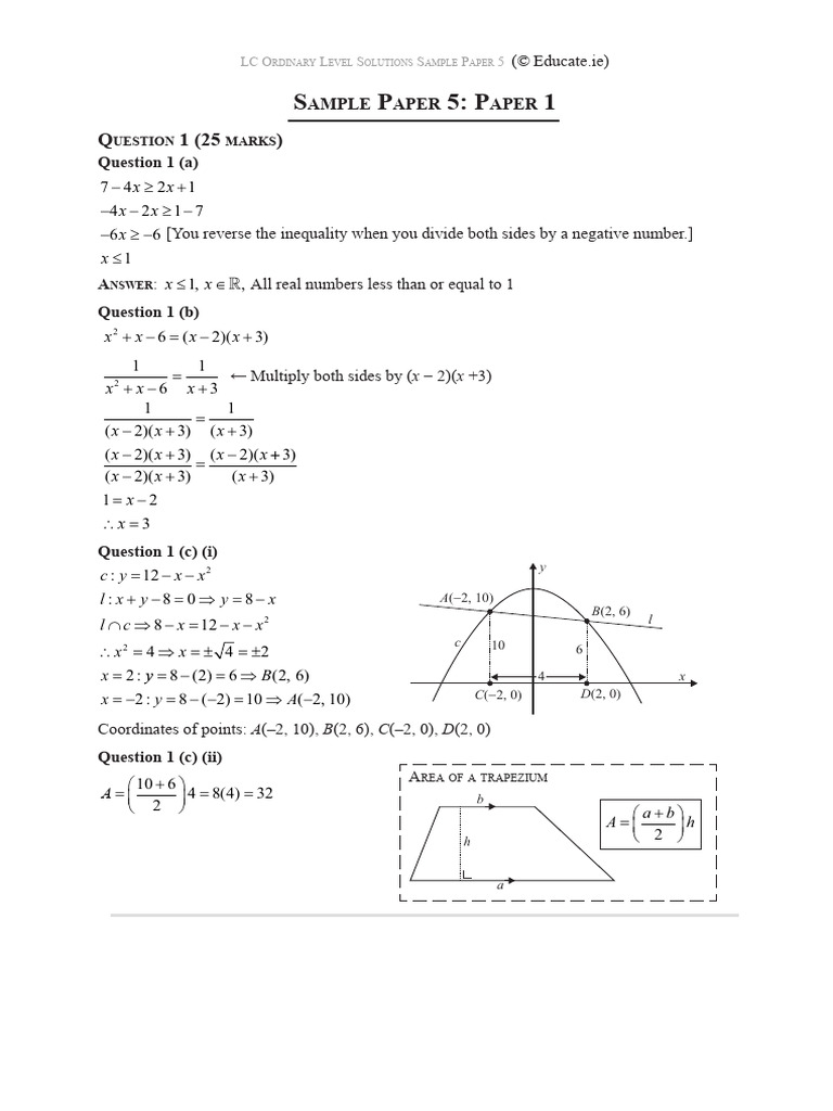 LC Ordinary Level Solutions Sample Paper 5 - 1 and 2 | PDF | Inequality ...