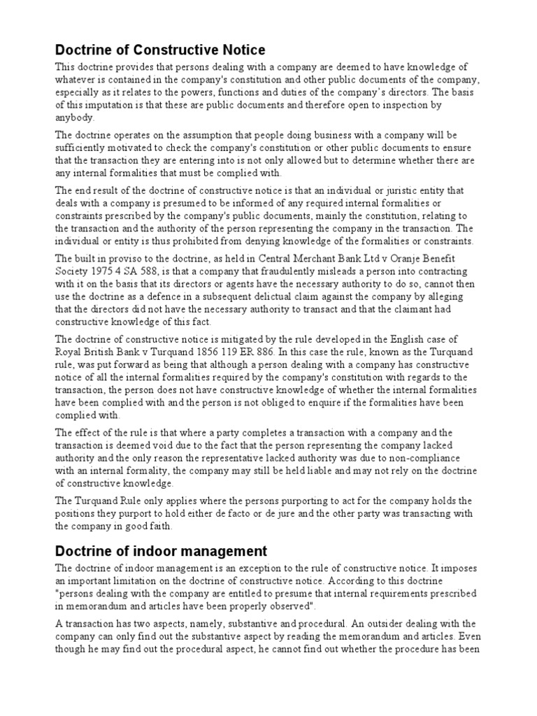 Doctrine of Indoor Management & Constructive Notice | PDF | Legal ...